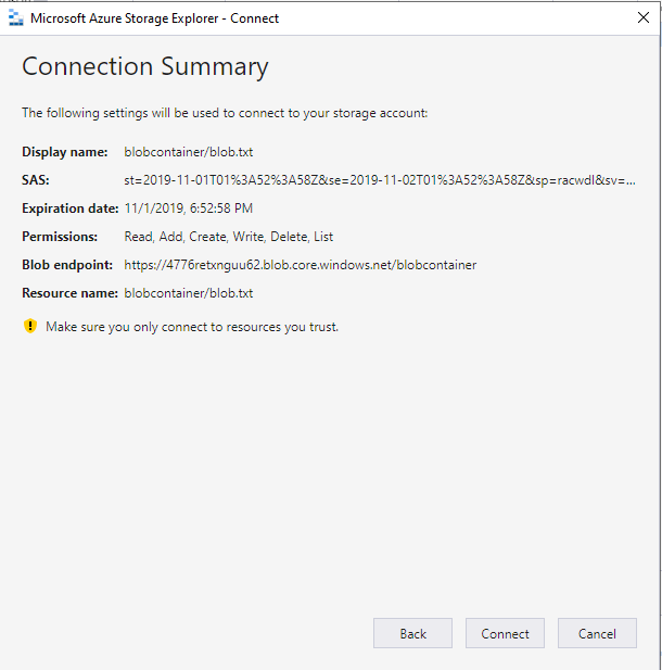 An error occurs after attaching one blob using a container-level shared access signature URI ...
