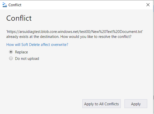 The Conflict dialog pops up after selecting ‘Upload’ option for one ...