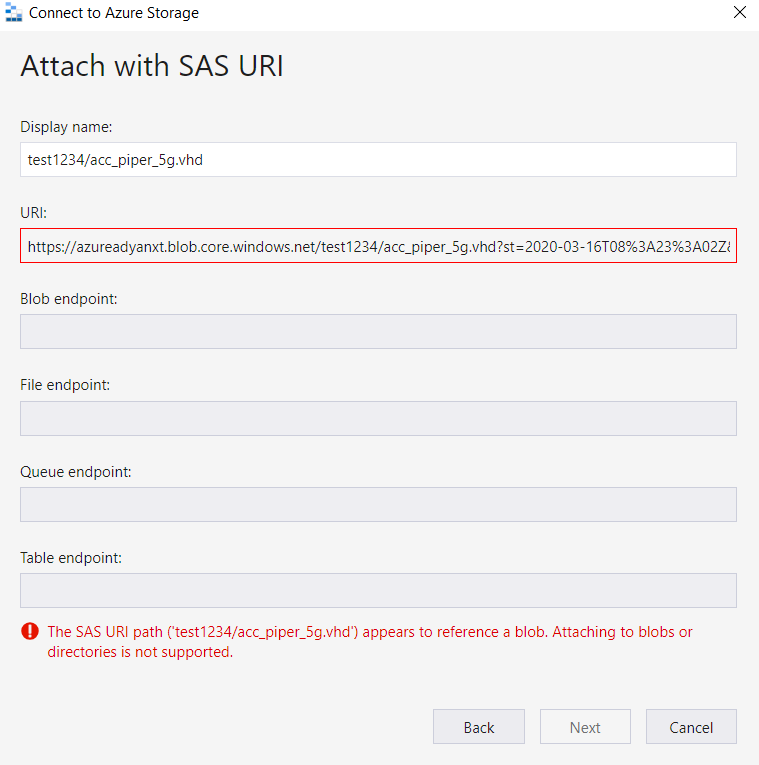 No error notification shows when attaching one blob using a container-level SAS URI directly ...