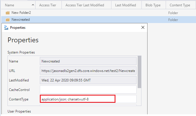 Keep a consistent Content Type value for one ADLS Gen2 folder between Editor and Properties ...
