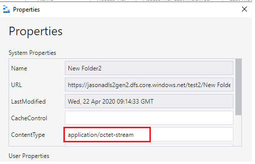 Keep a consistent Content Type value for one ADLS Gen2 folder between Editor and Properties ...