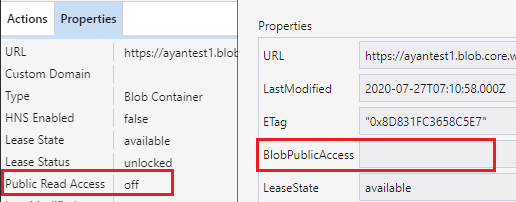Display 'off' for 'BlobPublicAccess' on blob container's properties dialog when 'Public Read ...