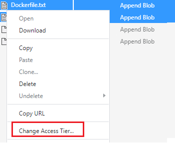 The action 'Change Access Tier...' is enabled when selecting more than one Append blob · Issue ...
