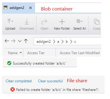 Keep a consistent behavior between file shares and ADLS Gen2 blob containers when using the name ...