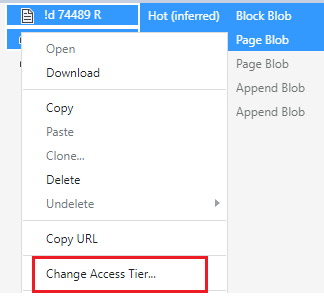 The action 'Change Access Tier...' is enabled when selecting more than one Append blob · Issue ...
