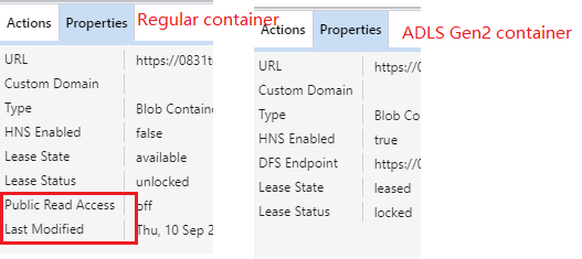 Add the properties 'Last Modified' & 'Public Read Access' to the Properties panel for one ADLS ...