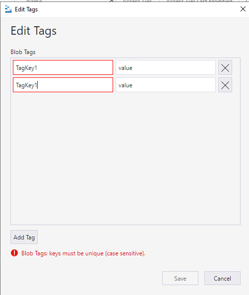 No warning message shows when adding tags with the same key in the ...