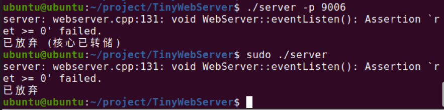 ./server -p 9006显示server: webserver.cpp:131: void WebServer::eventListen(): Assertion `ret >= 0 ...