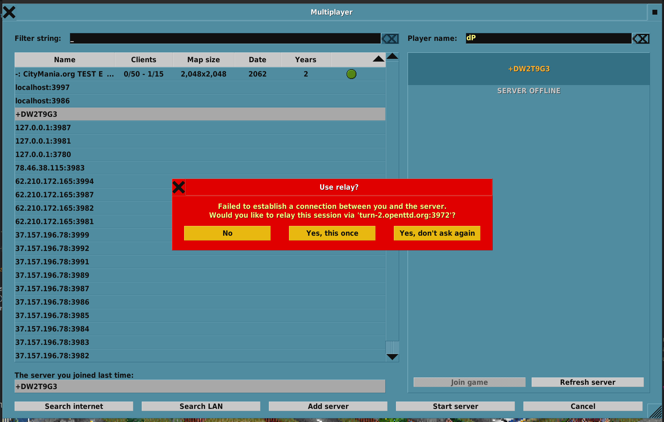 [Bug]: "Use relay?" prompt pops out for no apparent reason. · Issue #9492 · OpenTTD/OpenTTD · GitHub