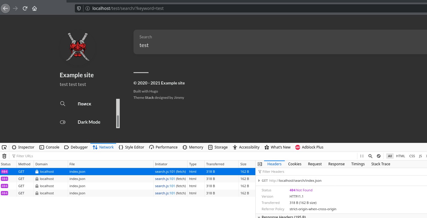 Search produces 404 when site is in subpath · Issue #216 · CaiJimmy/hugo-theme-stack · GitHub