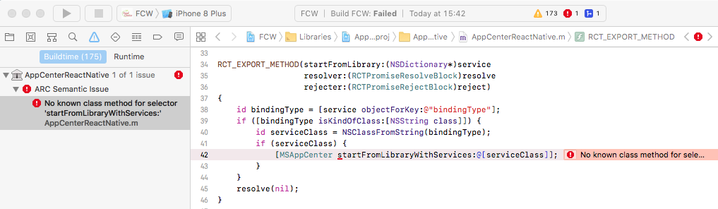 iOS build fails with: "no known class method for selector 'startFromLibraryWithServices ...