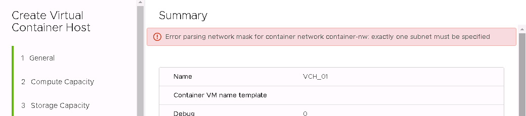 VCH creation using vSphere Client failing with "Error parsing network mask for container network ...