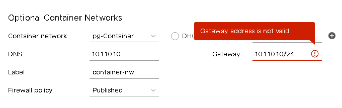 VCH creation using vSphere Client failing with "Error parsing network mask for container network ...