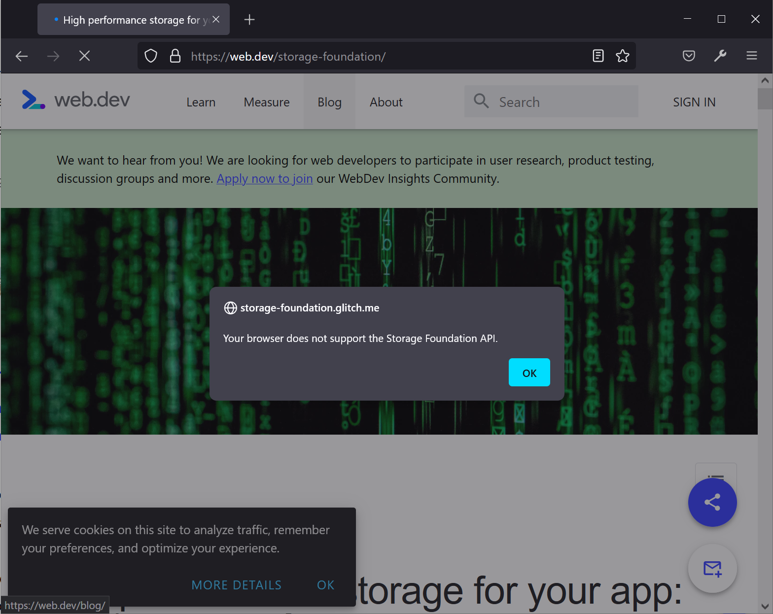 Storage Foundation API article: alert shown on browsers without support ...