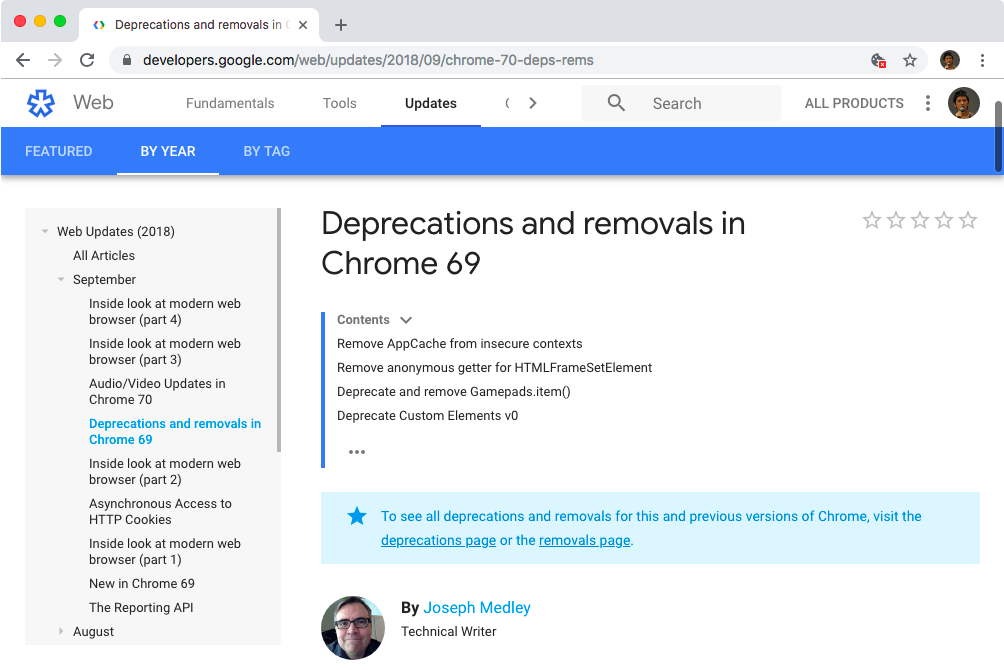 title of deprecation and removals in Chrome 70 article says it's 69 ...