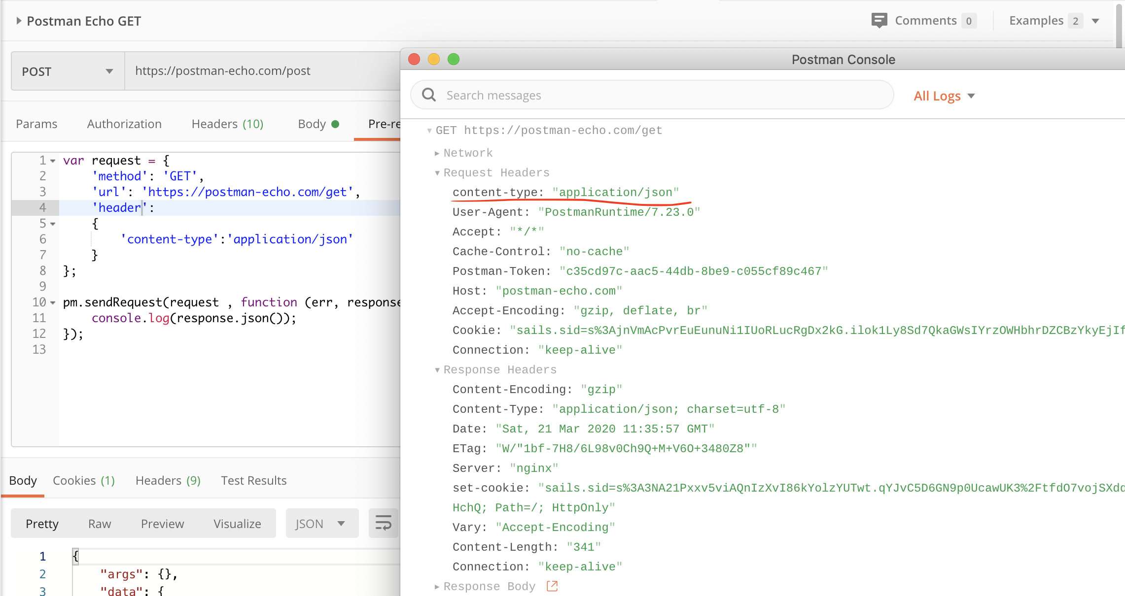 Pre-request headers Keys issue- If there is only one header of type application/json and key ...