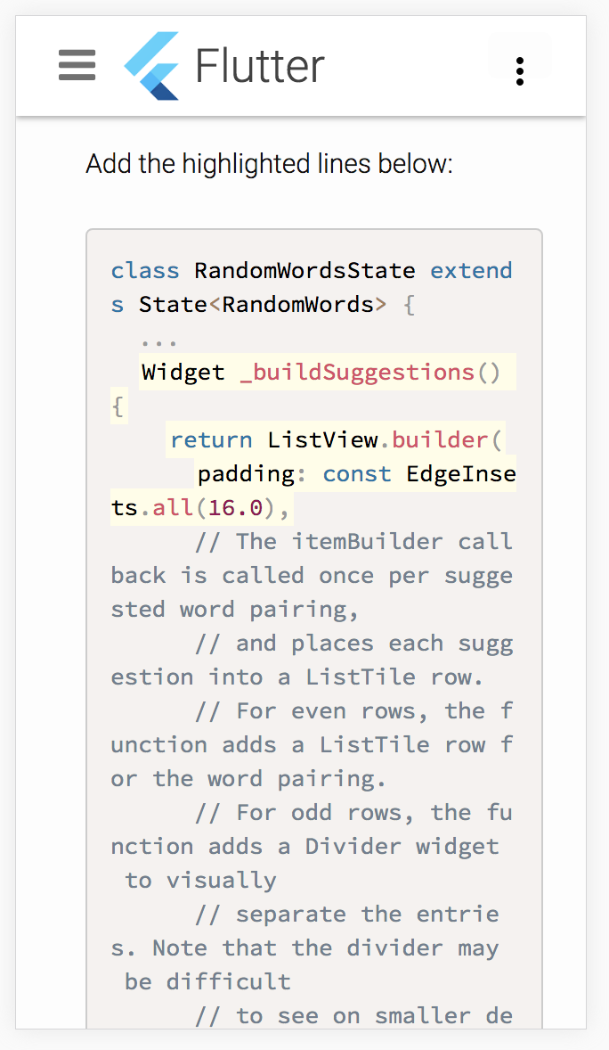 [website] don't line-wrap code · Issue #1173 · flutter/website · GitHub