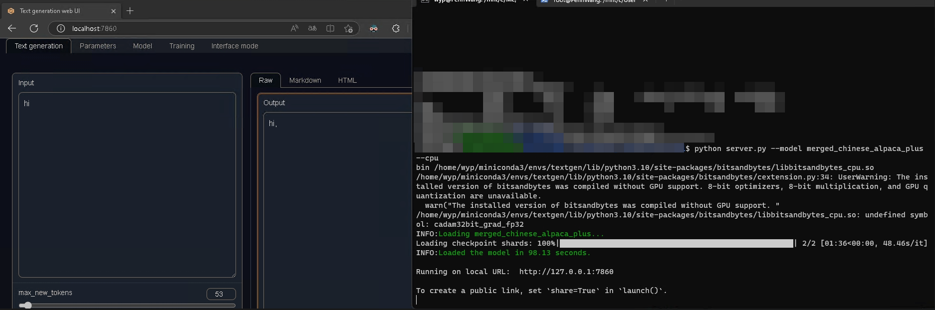 使用基于 WSL 的 Docker 运行 text generation webui 容器，加载合并后的 chinese_alpaca_plus 模型，输入英文可以正常响应，输入中文后CUDA ...