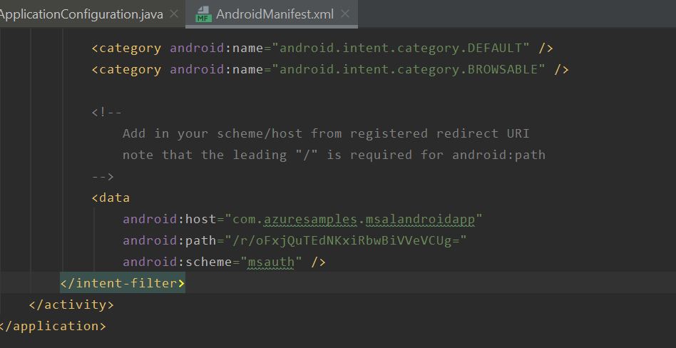 Android Sample Not Working With Keystore Key Generated Crash Message The Redirect Uri In The