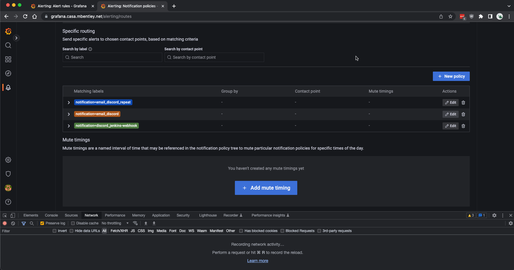 API endpoint (/api/alertmanager/grafana/config/api/v1/alerts) seems to be hanging waiting on ...