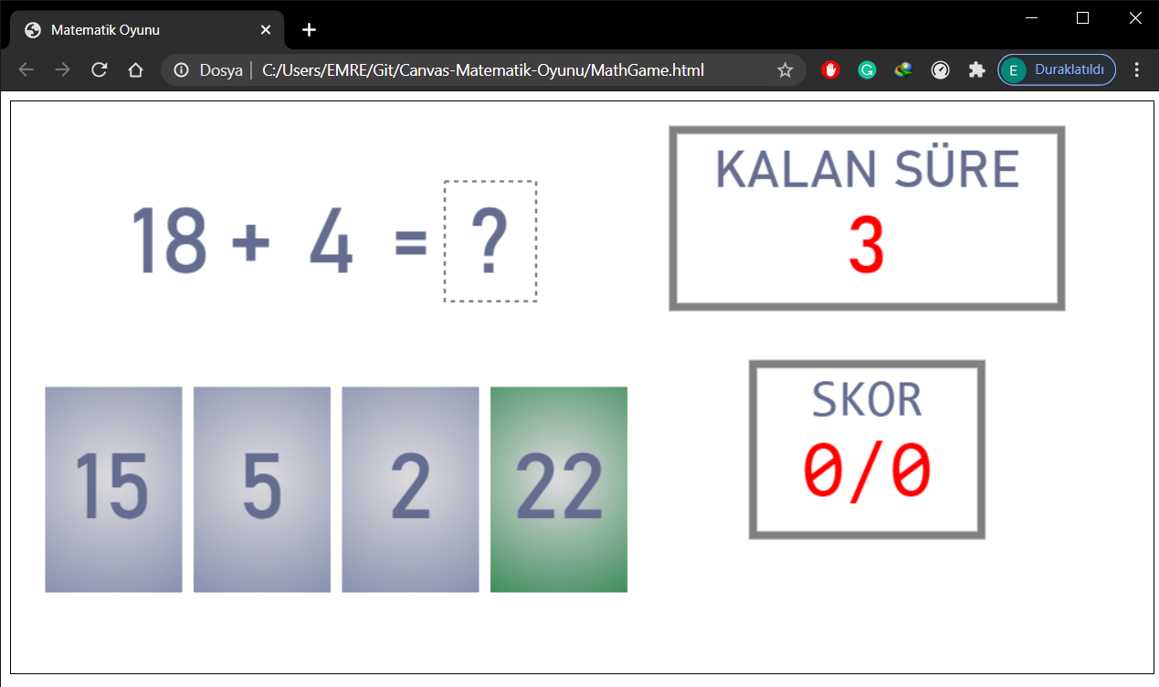 GitHub - emresahin9/Canvas-Matematik-Oyunu: Html'in canvas etiketini kullanarak, Javascript ile ...