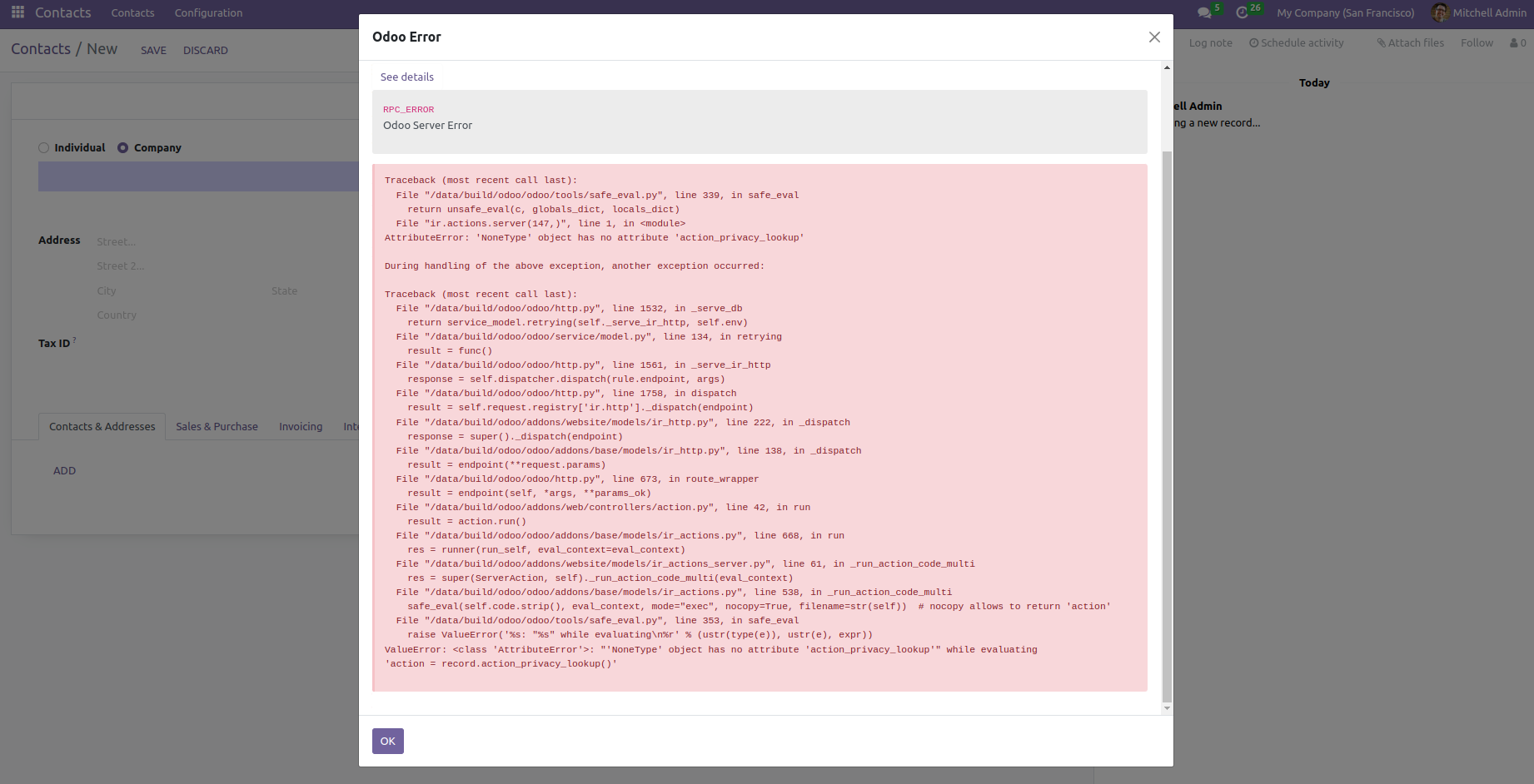 [16.0] New Contact Privacy Lookup Duplicate Discard traceback · Issue #103855 · odoo/odoo · GitHub