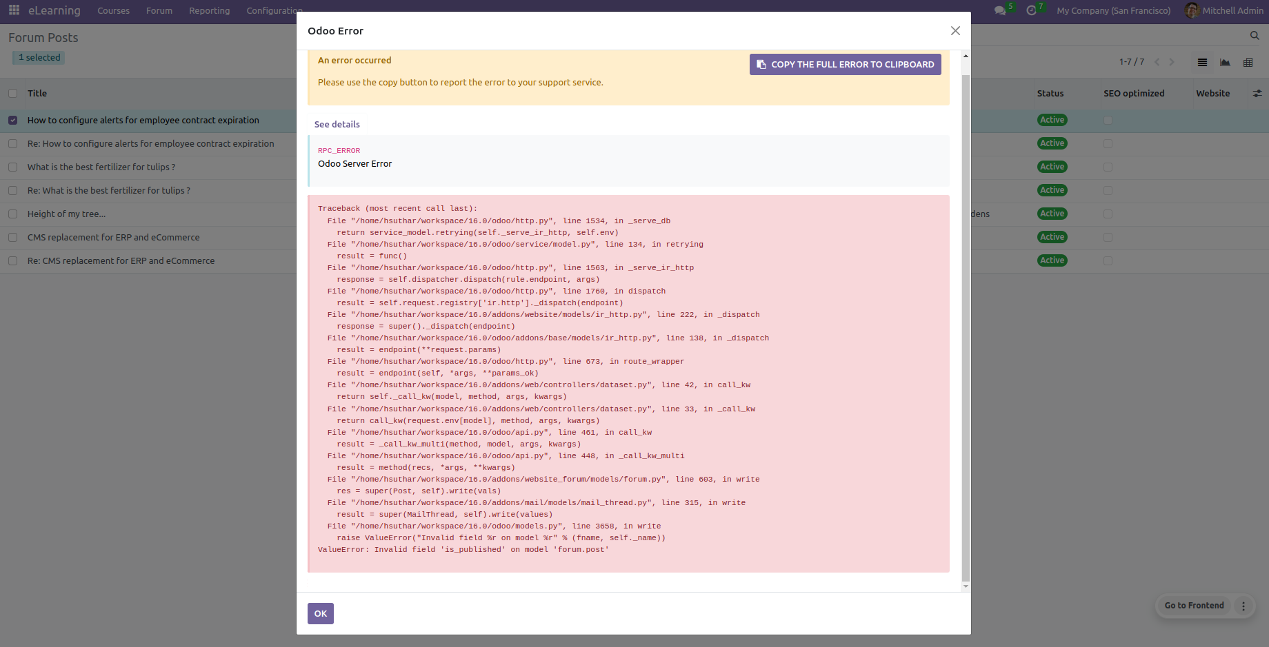 [16 0] Website Forum Exception In Forum Post Using Action Unpublished · Issue 103874 · Odoo
