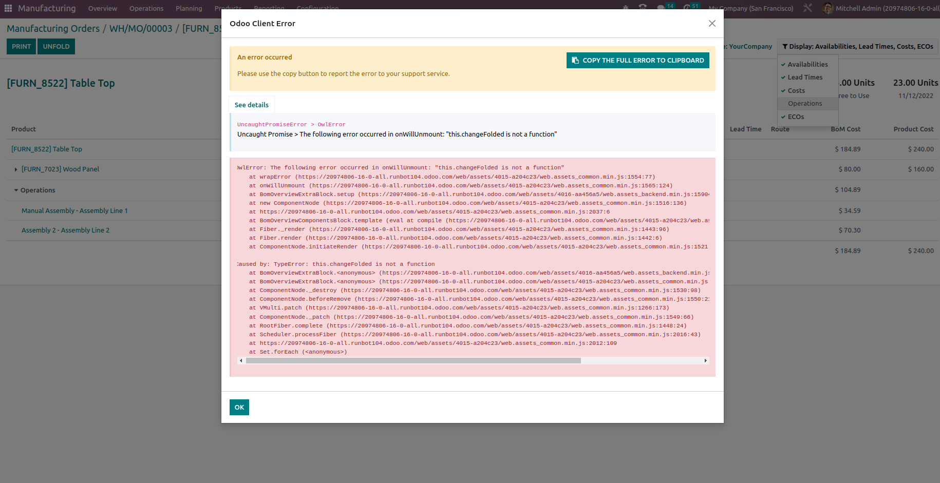 [16.0][BUG] MRP : Traceback on Remove Operation From BOM Overview Display. · Issue #105626 ...