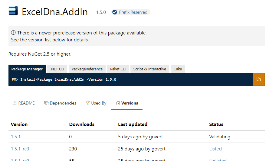 ExcelDna.AddIn 1.5.1 missing in Nuget · Issue #420 · Excel-DNA/ExcelDna · GitHub
