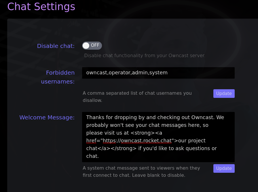 Admin chat settings page shows "Update" buttons by default · Issue #1230 · owncast/owncast · GitHub