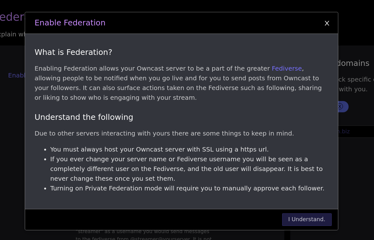 Enable federation modal: Discuss the text and make sure it's very clear · Issue #1594 · owncast ...