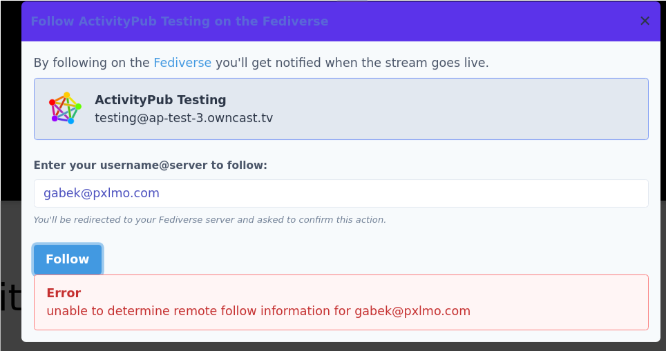 Position + fix wording of the error message for remote follow modal · Issue #1622 · owncast ...