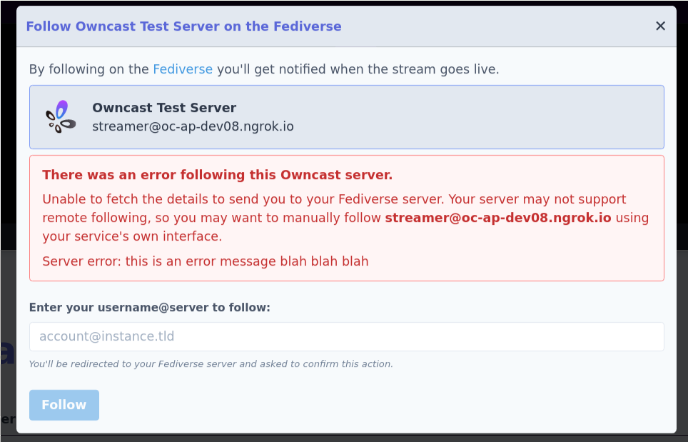 Position + fix wording of the error message for remote follow modal · Issue #1622 · owncast ...
