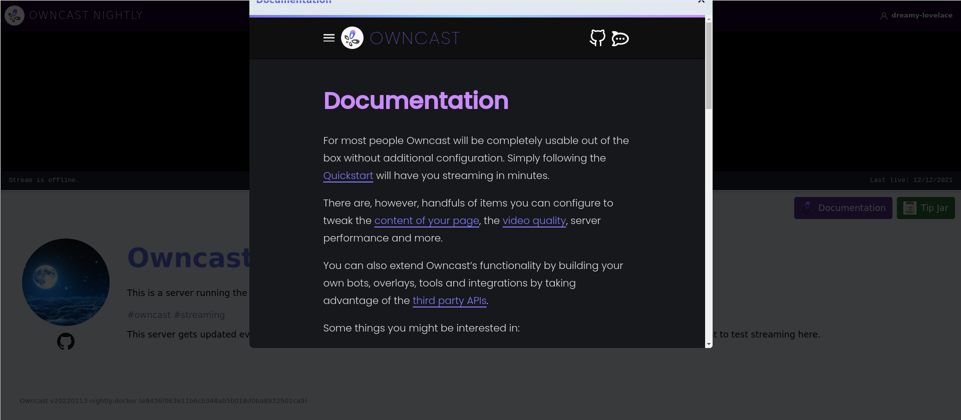 External action modal moved too high up · Issue #1664 · owncast/owncast · GitHub