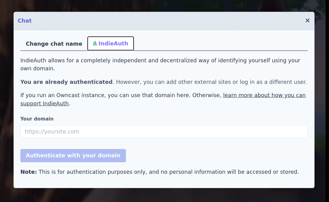 Initial chat auth UI to support IndieAuth · Issue #1273 · owncast/owncast · GitHub