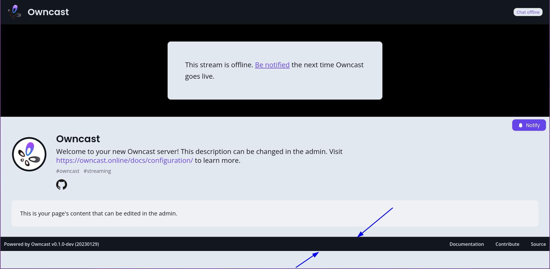 Footer isn't on the bottom of the page · Issue #2188 · owncast/owncast · GitHub
