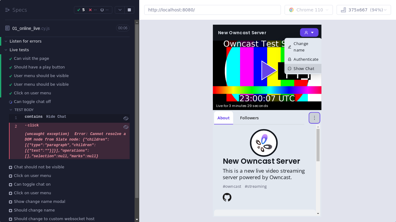 Flaky Test Mobile Live Tests Can Toggle Chat Off · Issue 2745 · Owncastowncast · Github 