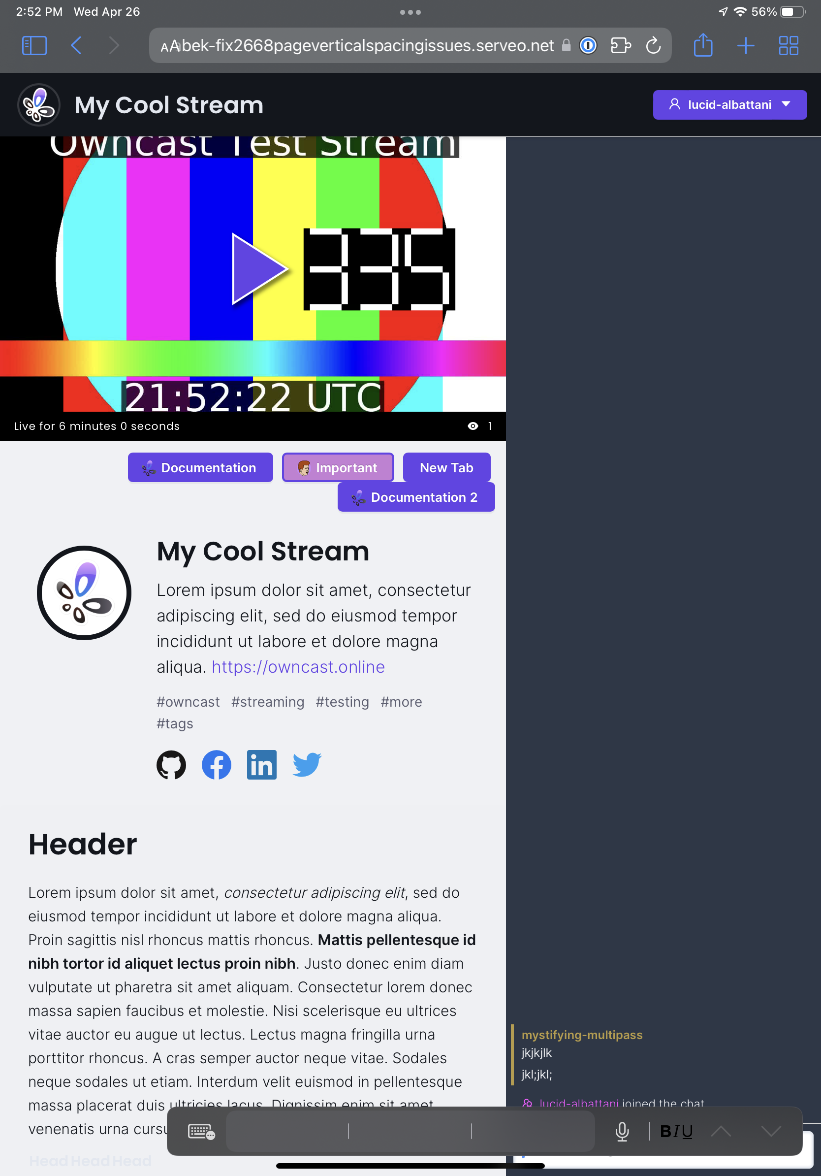 Tablet layout: Portrait layout makes action buttons wrap · Issue #2957 · owncast/owncast · GitHub