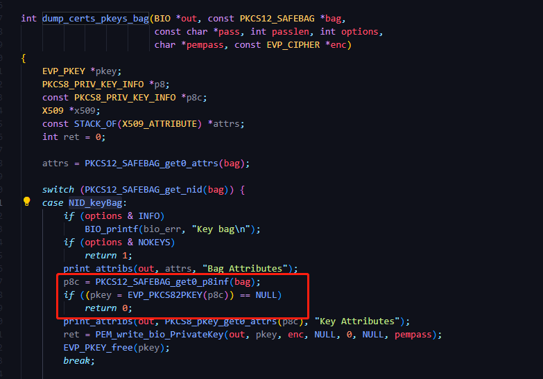 dump_certs_pkeys_bag函数，当nid为NID_keyBag加个指针判空是否更好？ · Issue #382 · Tongsuo-Project/Tongsuo · GitHub