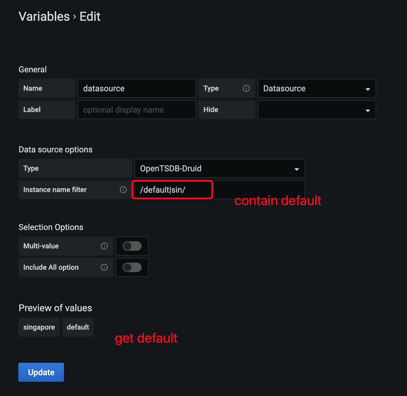 Datasource variable, Instance name filter does not support default in regex. · Issue #32623 ...
