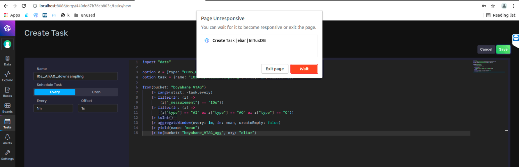 Creating a task with `option task = {...}` in the flux script stalls the UI · Issue #3230 ...