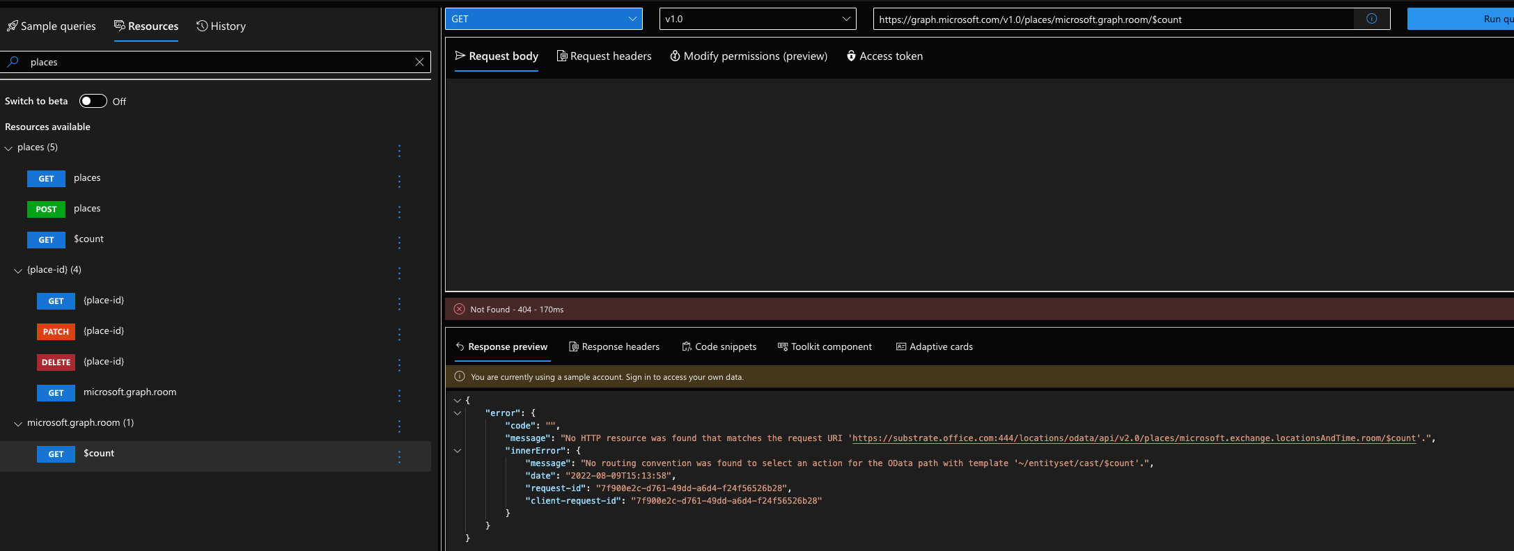 ListPlaces and Associated $count Default Queries Under Resources Tab ...