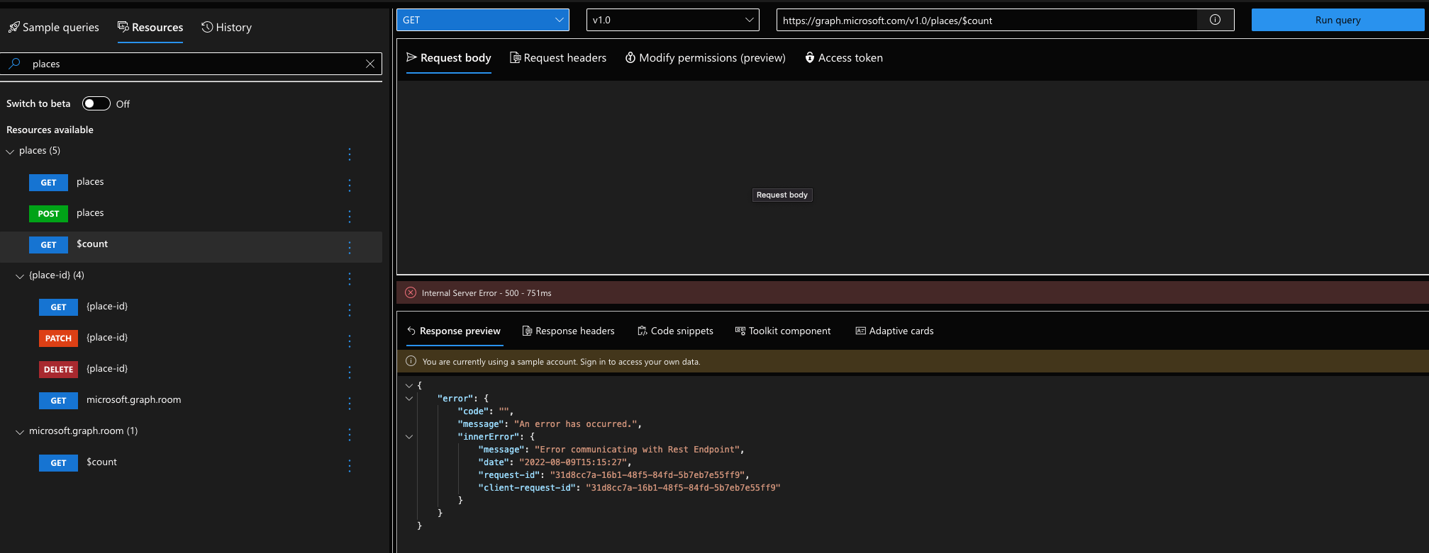 Listplaces And Associated Count Default Queries Under Resources Tab Return Errors · Issue 2016