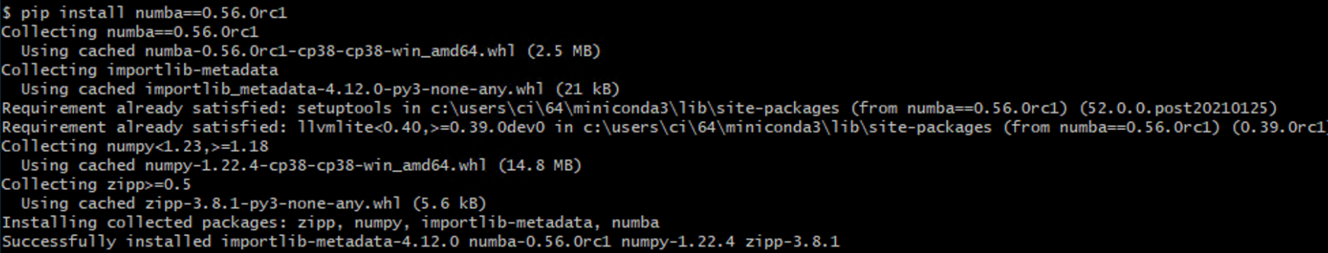 Installation of `numba==0.56.0rc1` not possible: `ERROR: No matching distribution found for ...