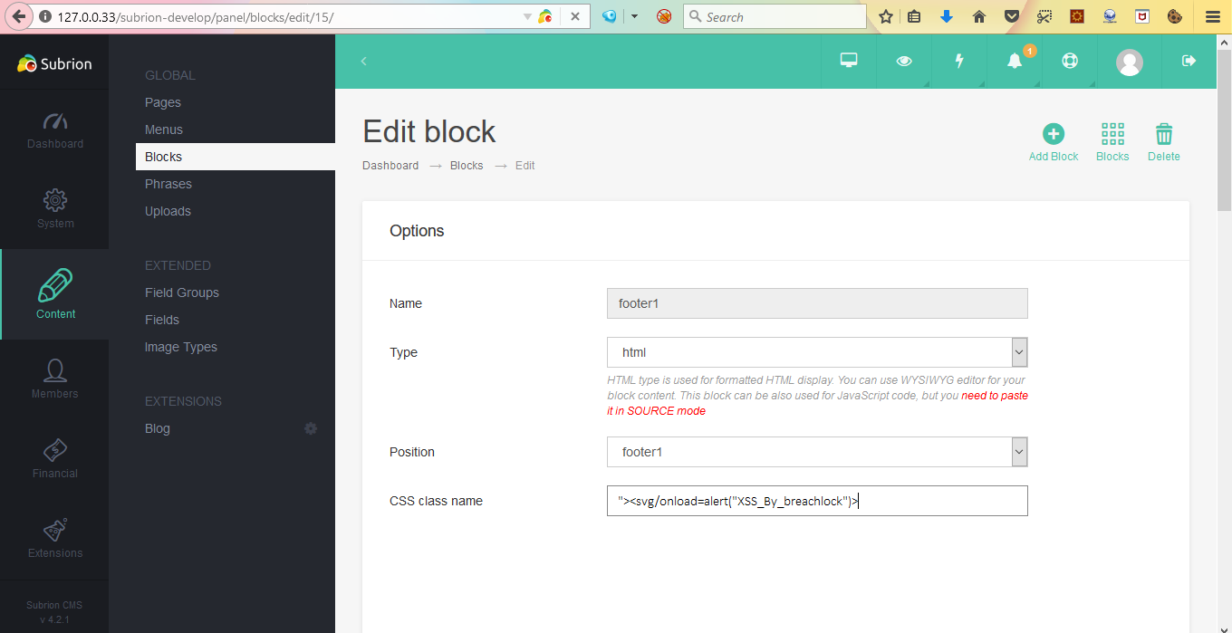 XSS Persistent in Subrion CMS · Issue #795 · intelliants/subrion · GitHub
