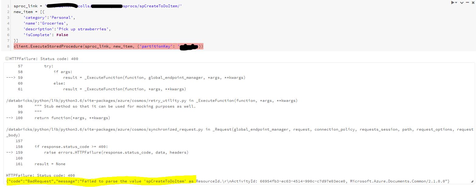 [python SDK] Stored procedure not written/available at 'dbs/myDatabase/colls/myContainer/sprocs ...
