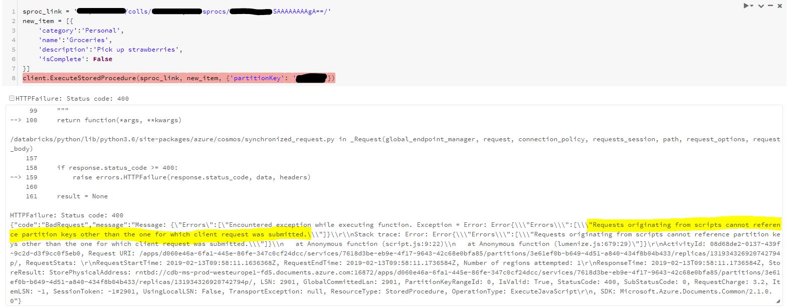 [python SDK] Stored procedure not written/available at 'dbs/myDatabase/colls/myContainer/sprocs ...