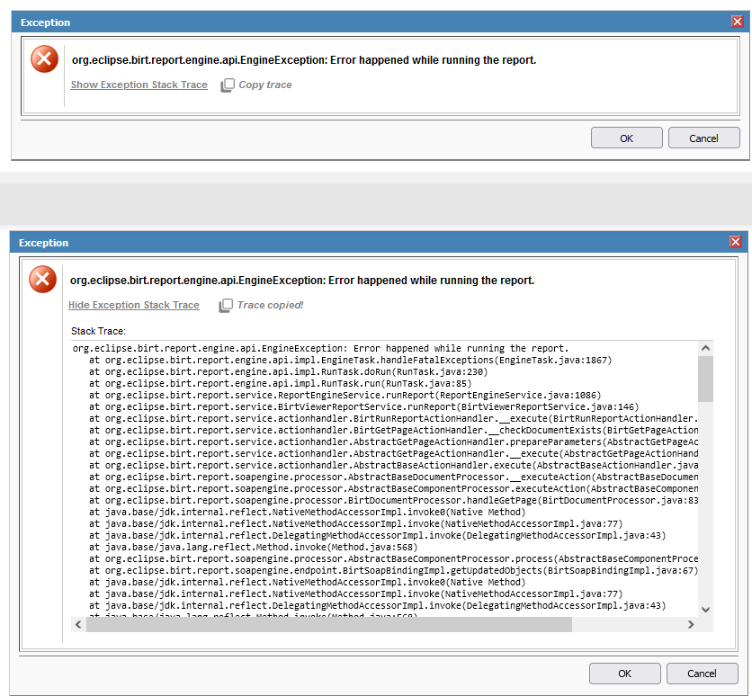 Birt Exception Dialog Add New Option To Copy The Stack Trace Directly 