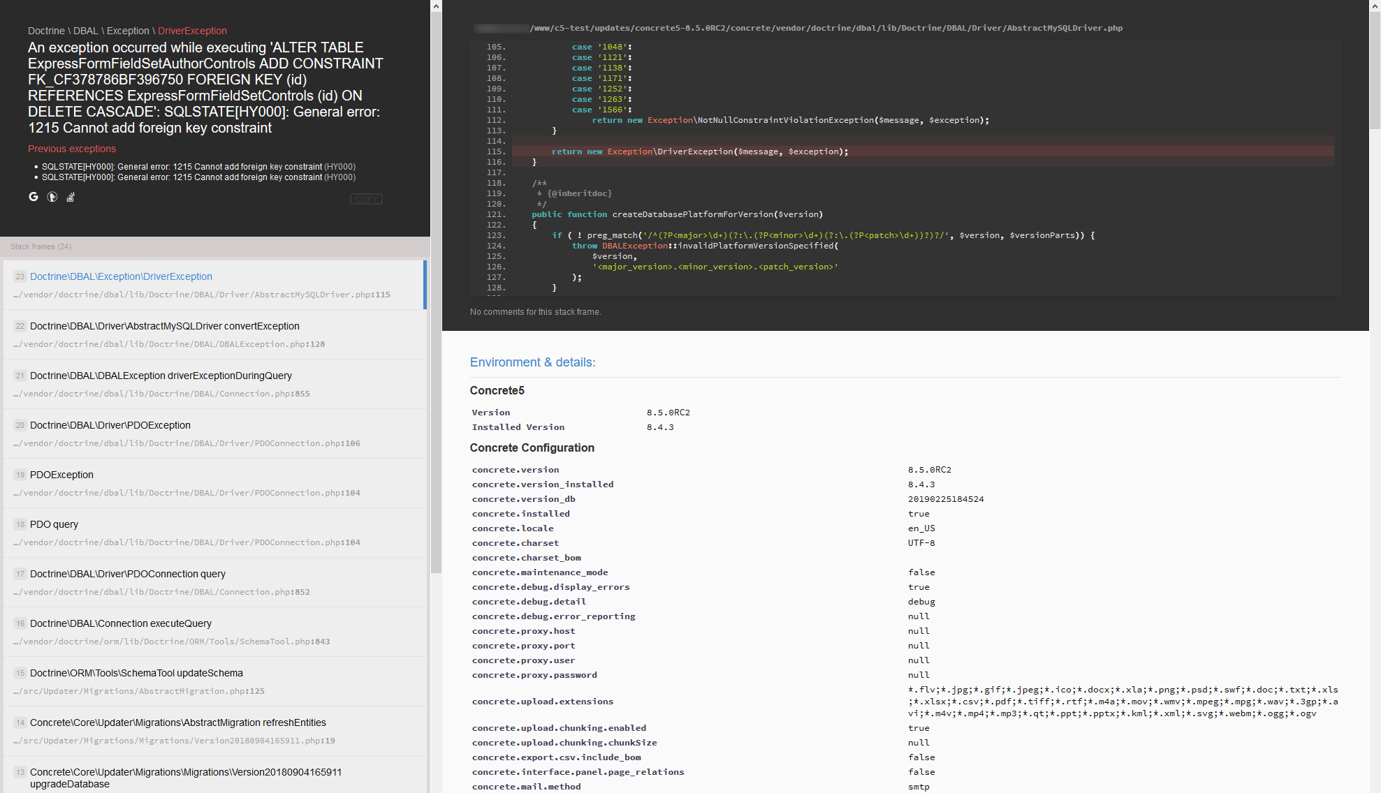 Update from 8.4.3 to 8.5.0RC2/8.5.0 fails with error: 1215 Cannot add foreign key constraint ...