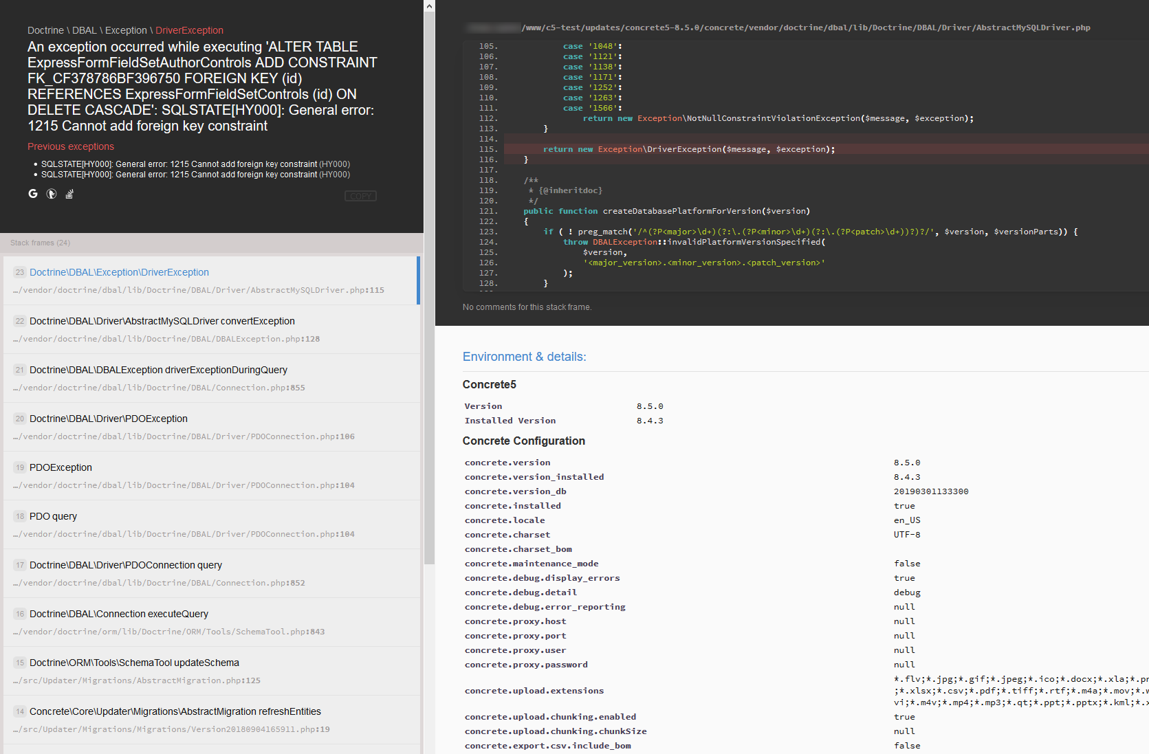 Update from 8.4.3 to 8.5.0RC2/8.5.0 fails with error: 1215 Cannot add foreign key constraint ...